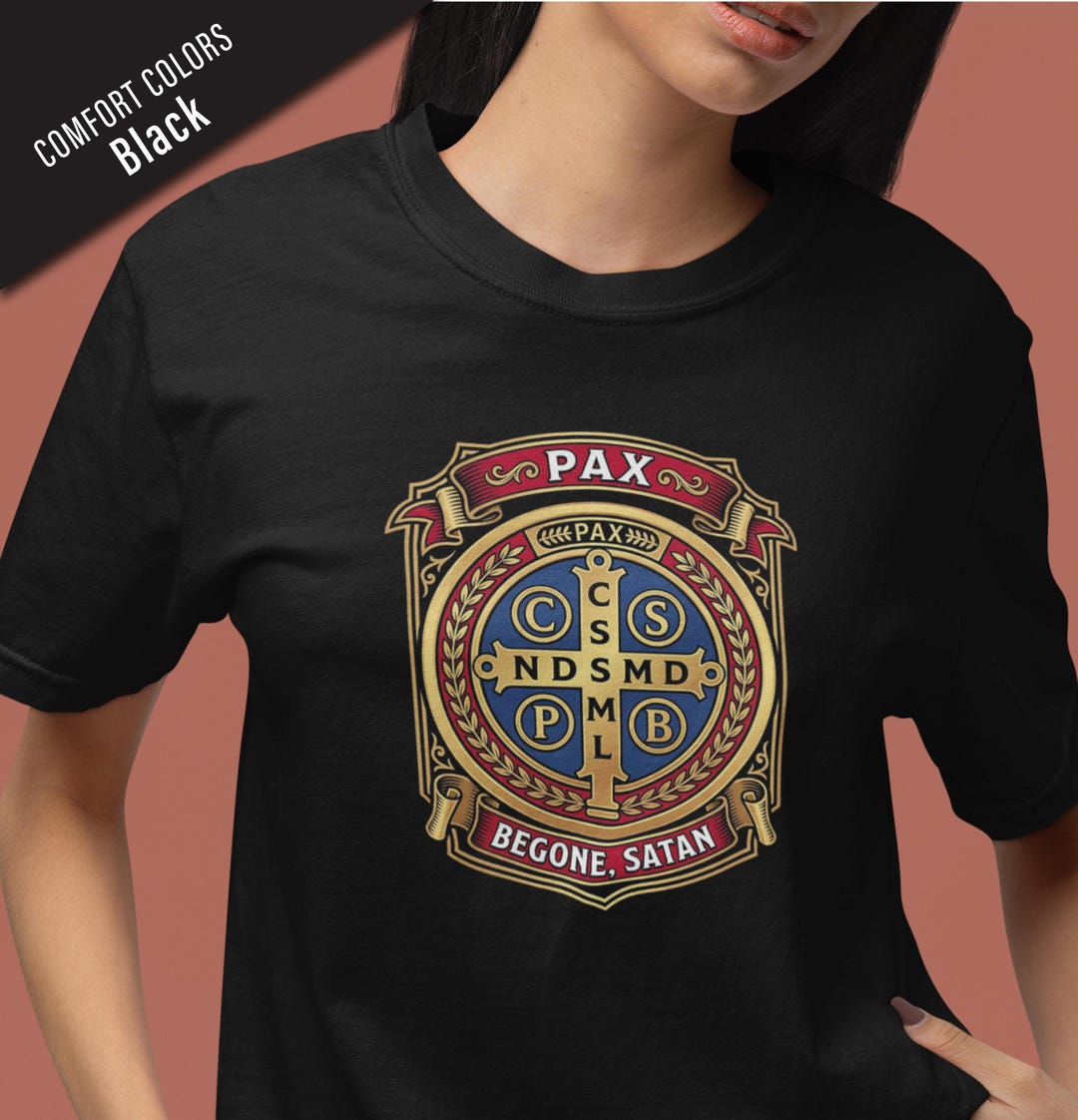 Saint Benedict Medal Crest T-shirt | Pax Begone Satan Religious Emblem ...