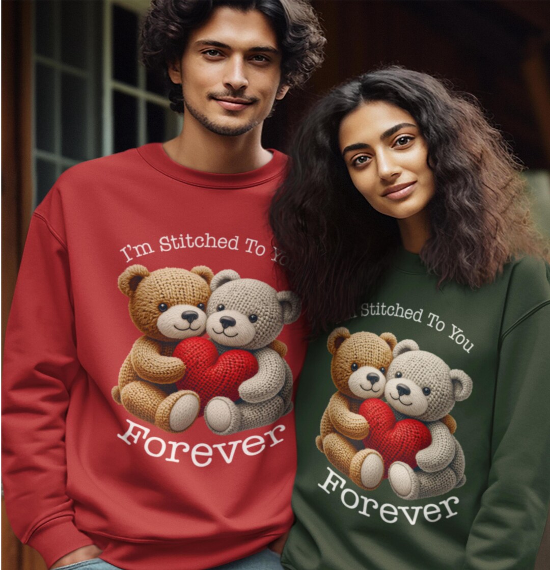Stitched to You Forever Teddy Bear Holding Heart Sweatshirt | Faux Knit ...