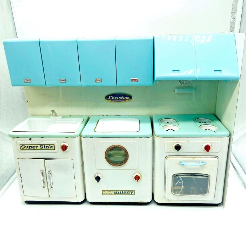 VTG 1960s AMB Marchesini Christine Tin Retro Toy Kitchen Set Blue ...