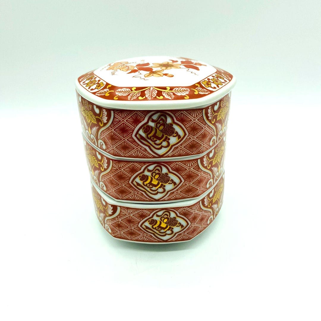 Takahashi Japanese Porcelain Bento Stacking 3 Tier Flower Gold Bowls ...