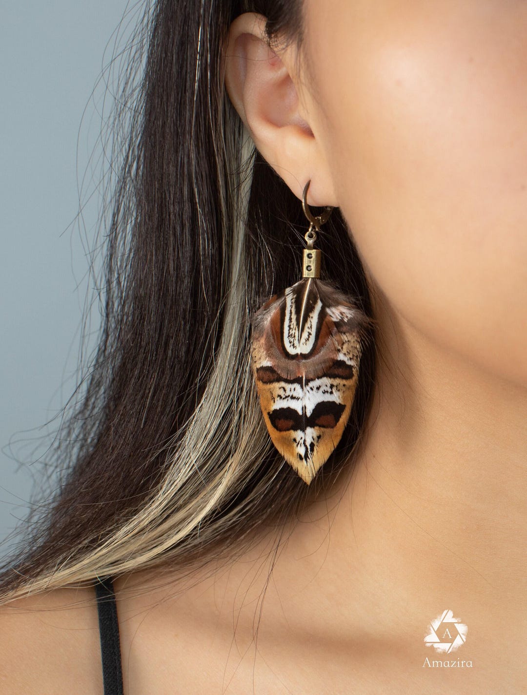 Golden Tiger Stripped Handmade Feather Earrings, Unique Natural Bird ...