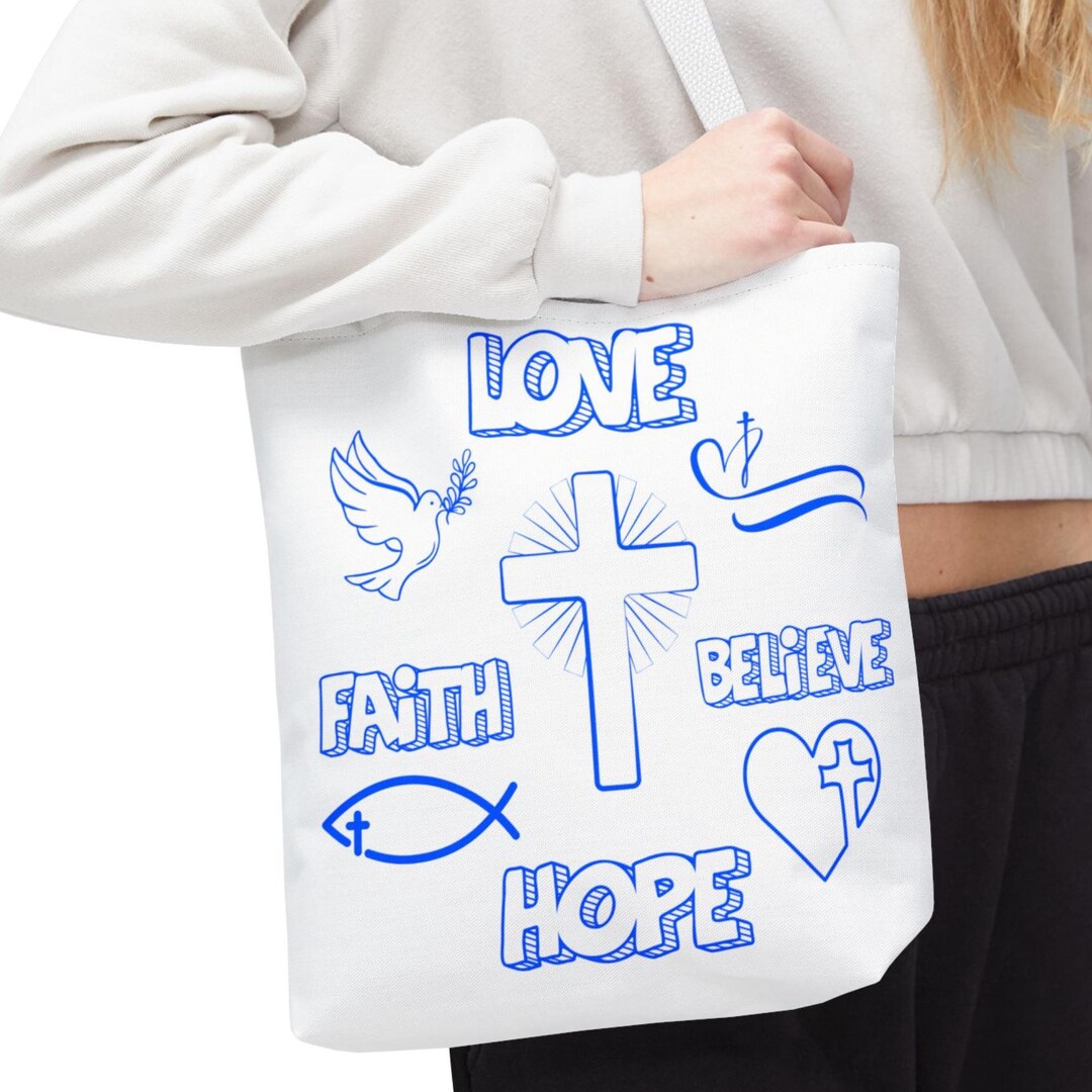 Christian Tote Bag With Cross & Faith Symbols, Bible Verse Inspired ...