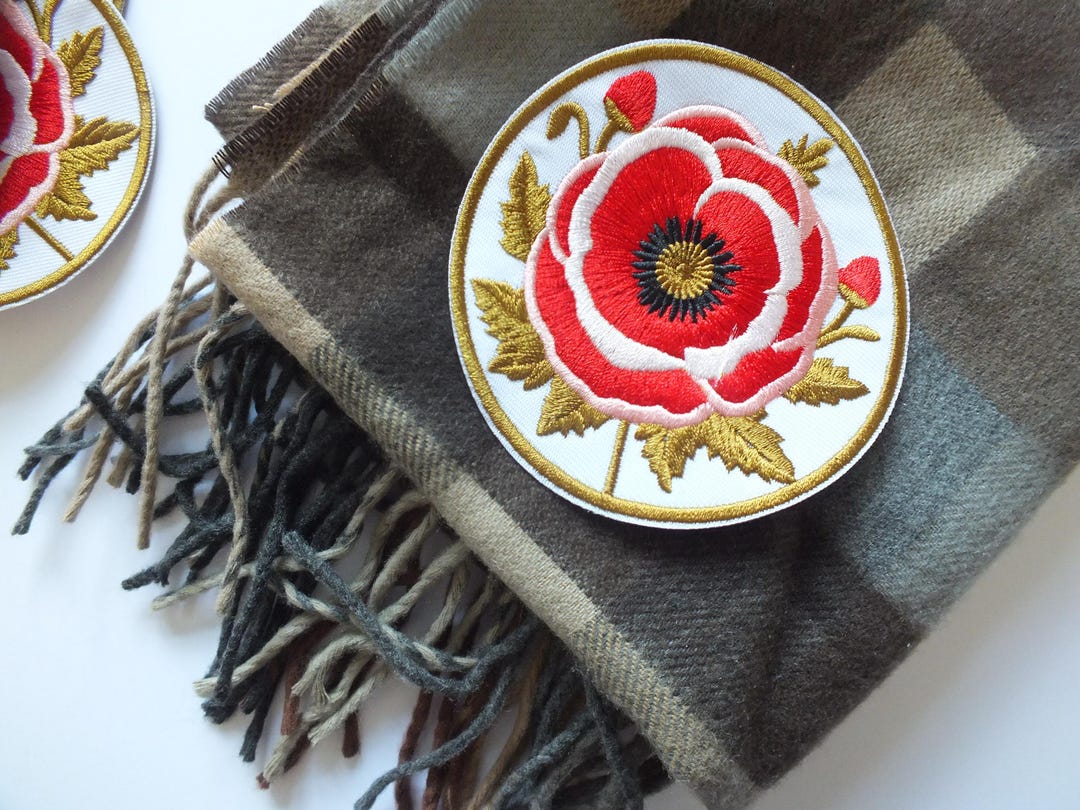 Red Poppy Iron on Embroidered Patch for Denim Jacket Large Round Floral ...