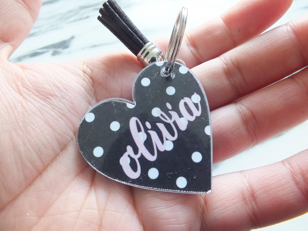 Personalized Polka Dot Name Keychain Resin Love Heart Keyring With ...
