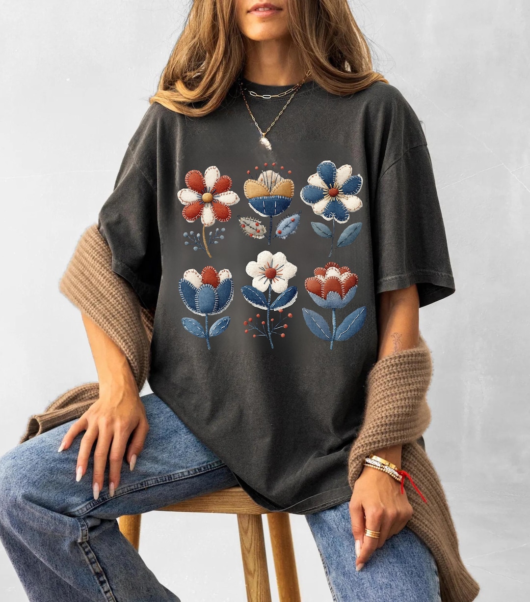 3D Puff Embroidery Floral T-shirt, Textured Flower Patchwork Tee, Boho ...