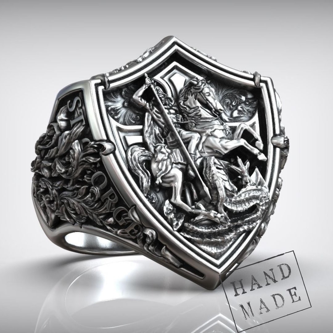 Saint George Signet Ring for Men Handmade Shield Cross With Dragon ...