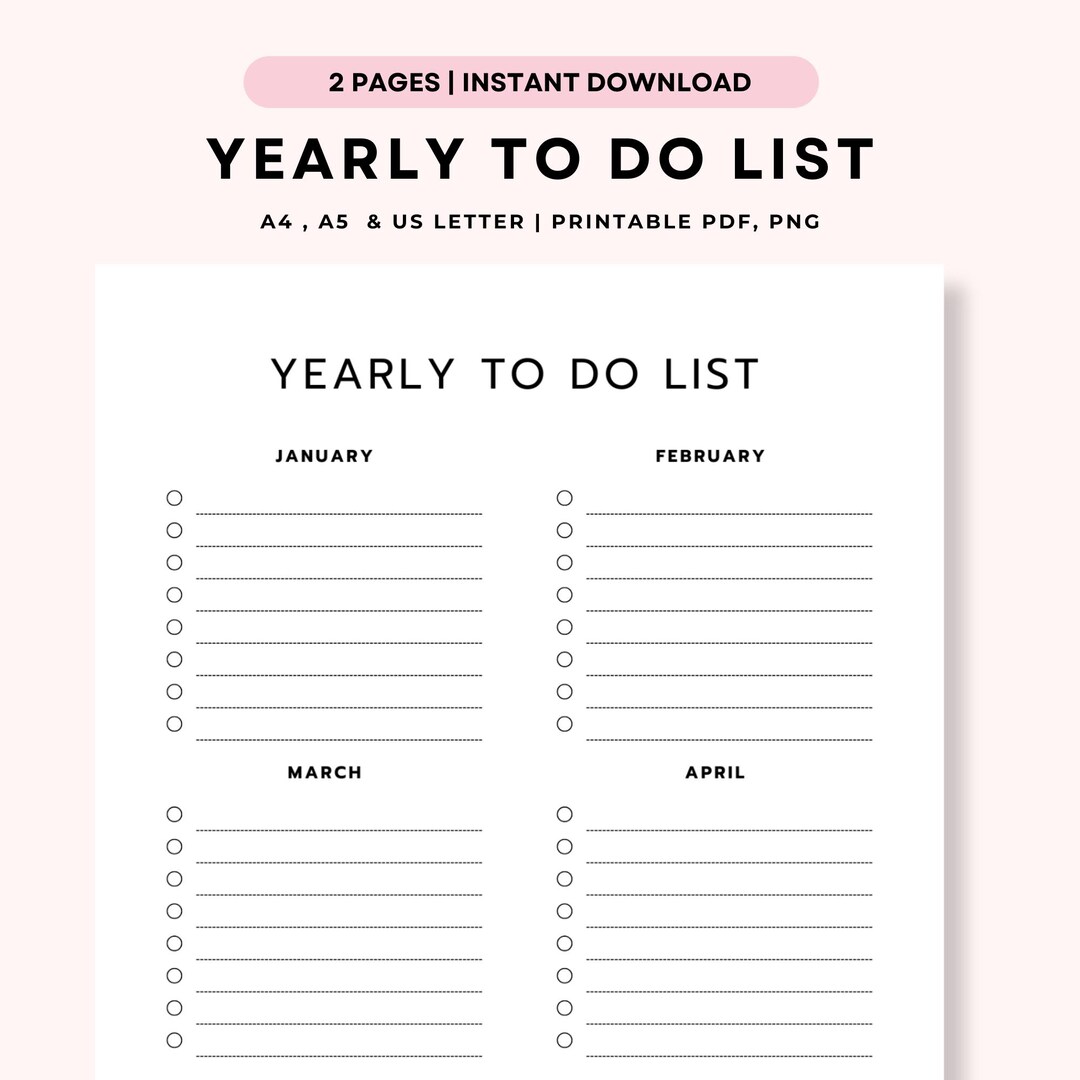 Yearly to Do List, Yearly Tasks, Yearly Planner, Annual Planner ...