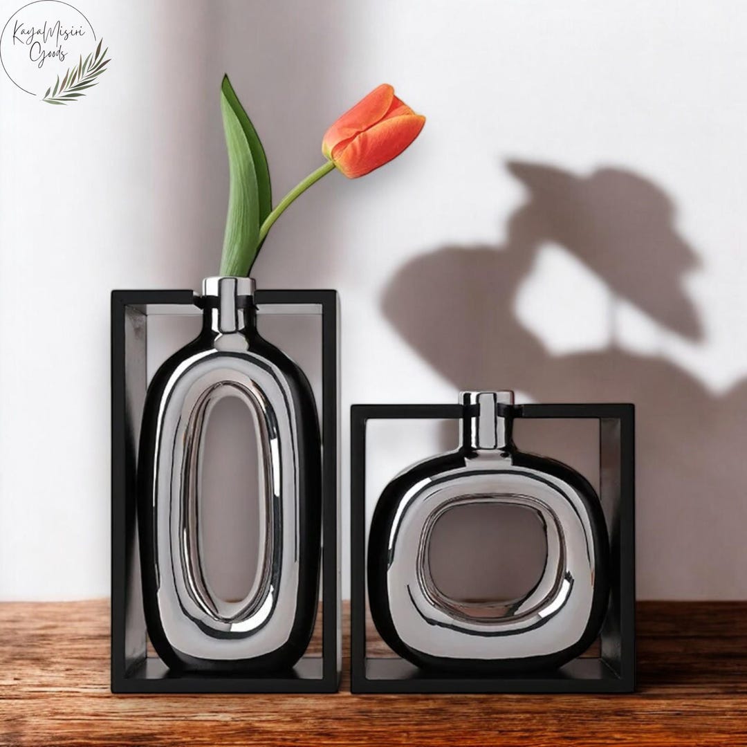 Silver Ceramic Vase Hollow Cutout Frame Flower Vase Modern Terrarium ...