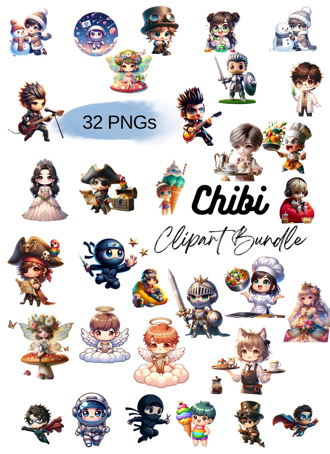 Chibi 32 PNG Clipart Set for Party Digital Planner Stickers ...