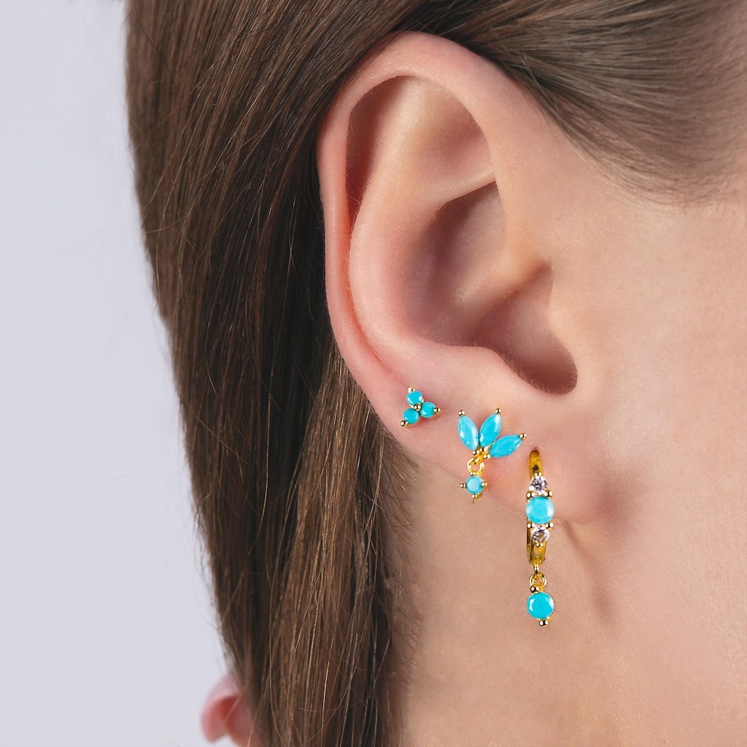 Turquoise Ear Stack Earring Set • 925 Sterling Silver 14K Gold Plated ...