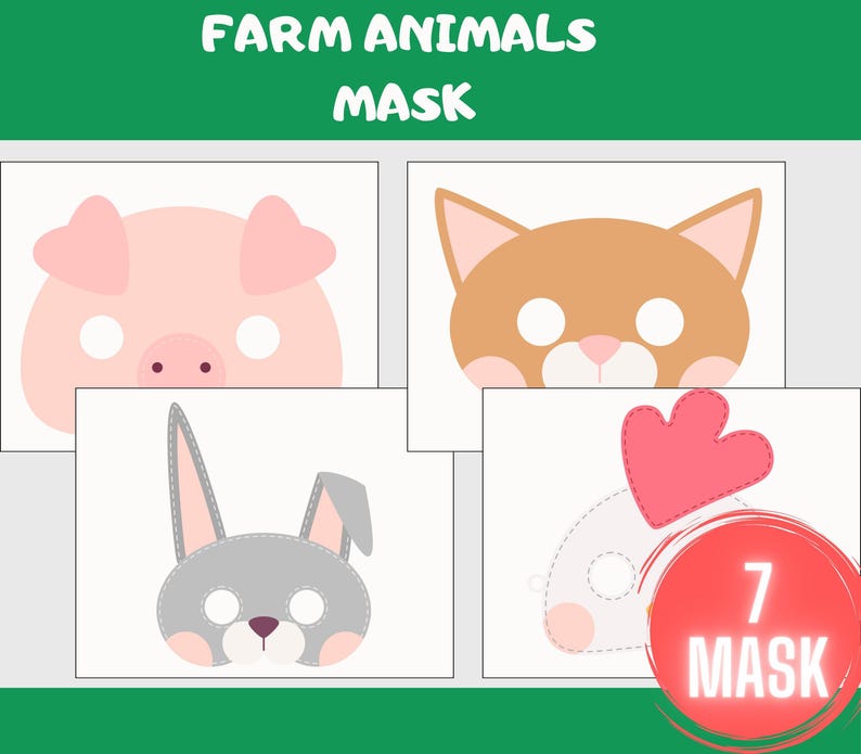 FARM ANIMALS Masks | Seven Printable Masks | Precolored | PDF | Costume ...