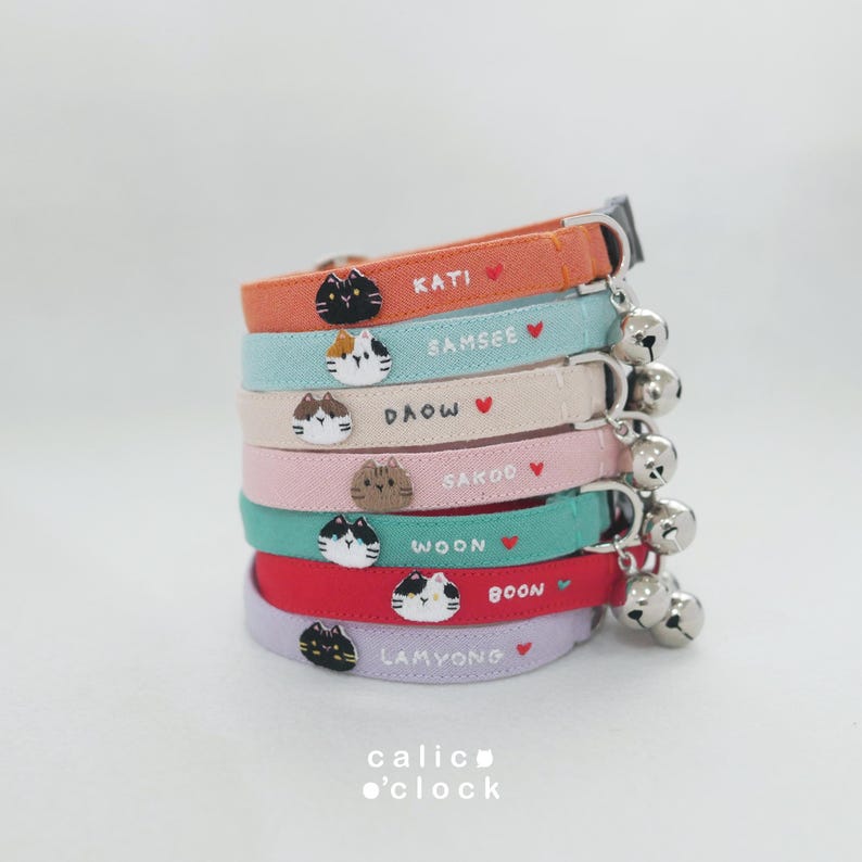 Personalized Collar, Hand Embroidered Cat Name and Cat Face Attached ...
