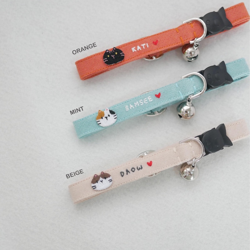 Personalized Collar, Hand Embroidered Cat Name and Cat Face Attached ...