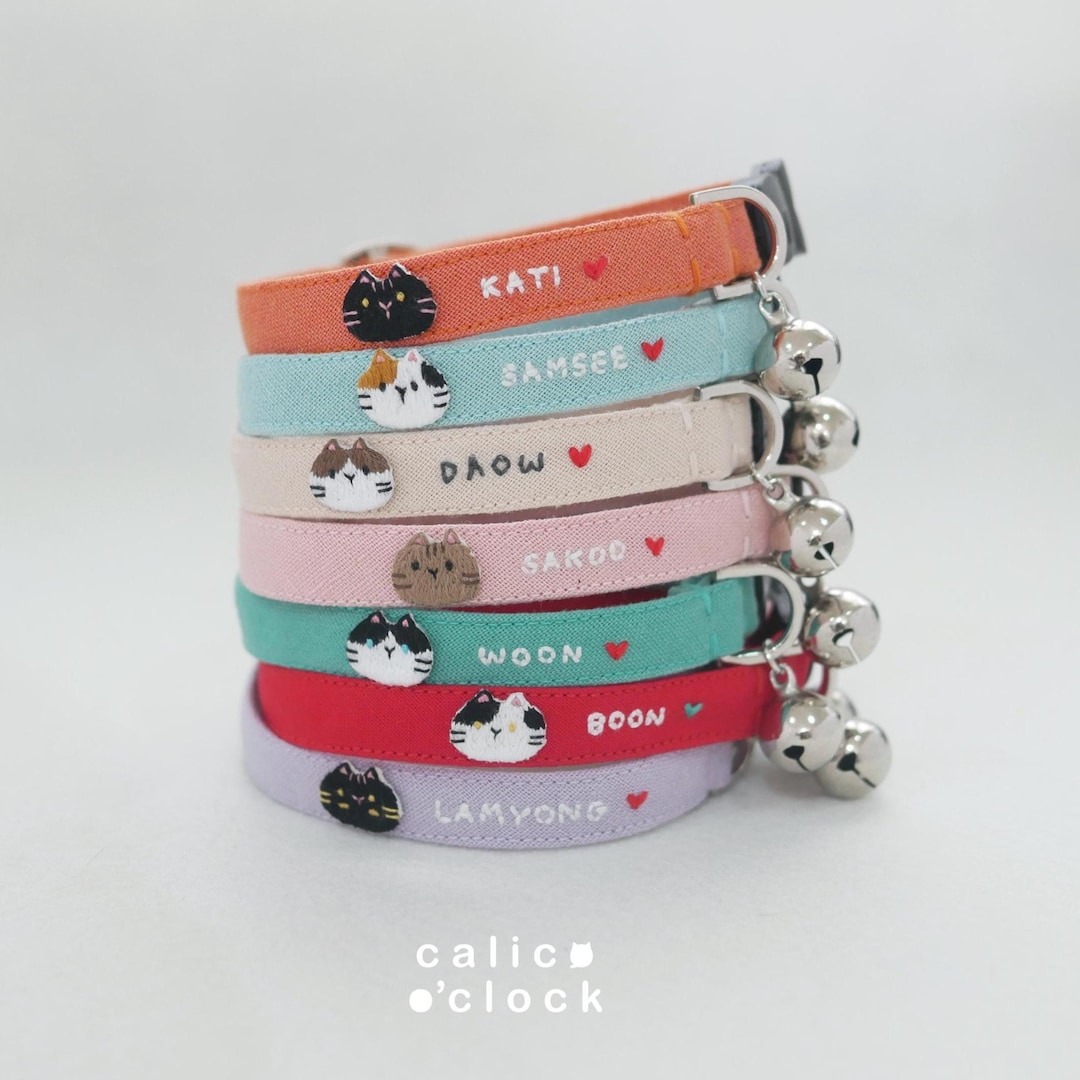 Hand Embroidered Cat Collar: Personalized Cotton Linen, Breakaway ...