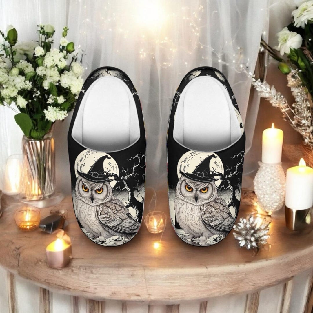 Womens Witch Owl Slippers, Cozy Indoor House Shoes With Full Moon and ...