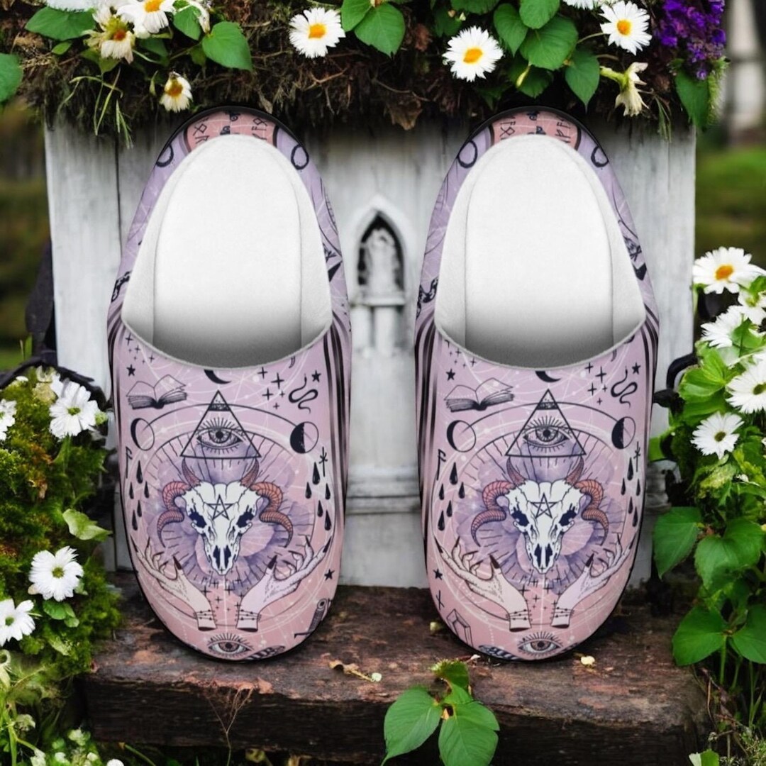 Women’s Indoor Slippers, Witchy Moon Skull Mystic Eye Occult House ...