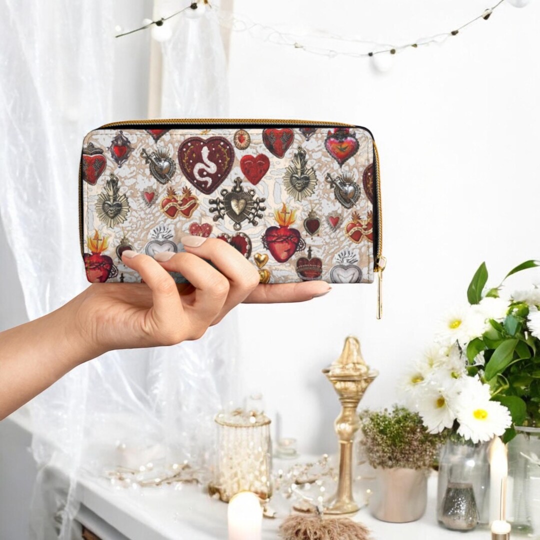 Sacred Heart Wallet for Women, Mexican Folk Art Zipper Clutch, Latin ...