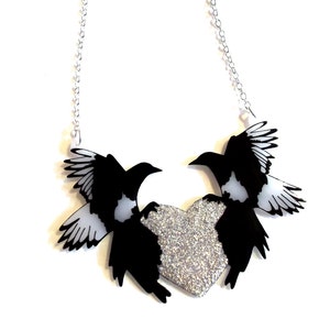 Black and White Magpies With Silver or Gold Glittery Heart - "one for ...