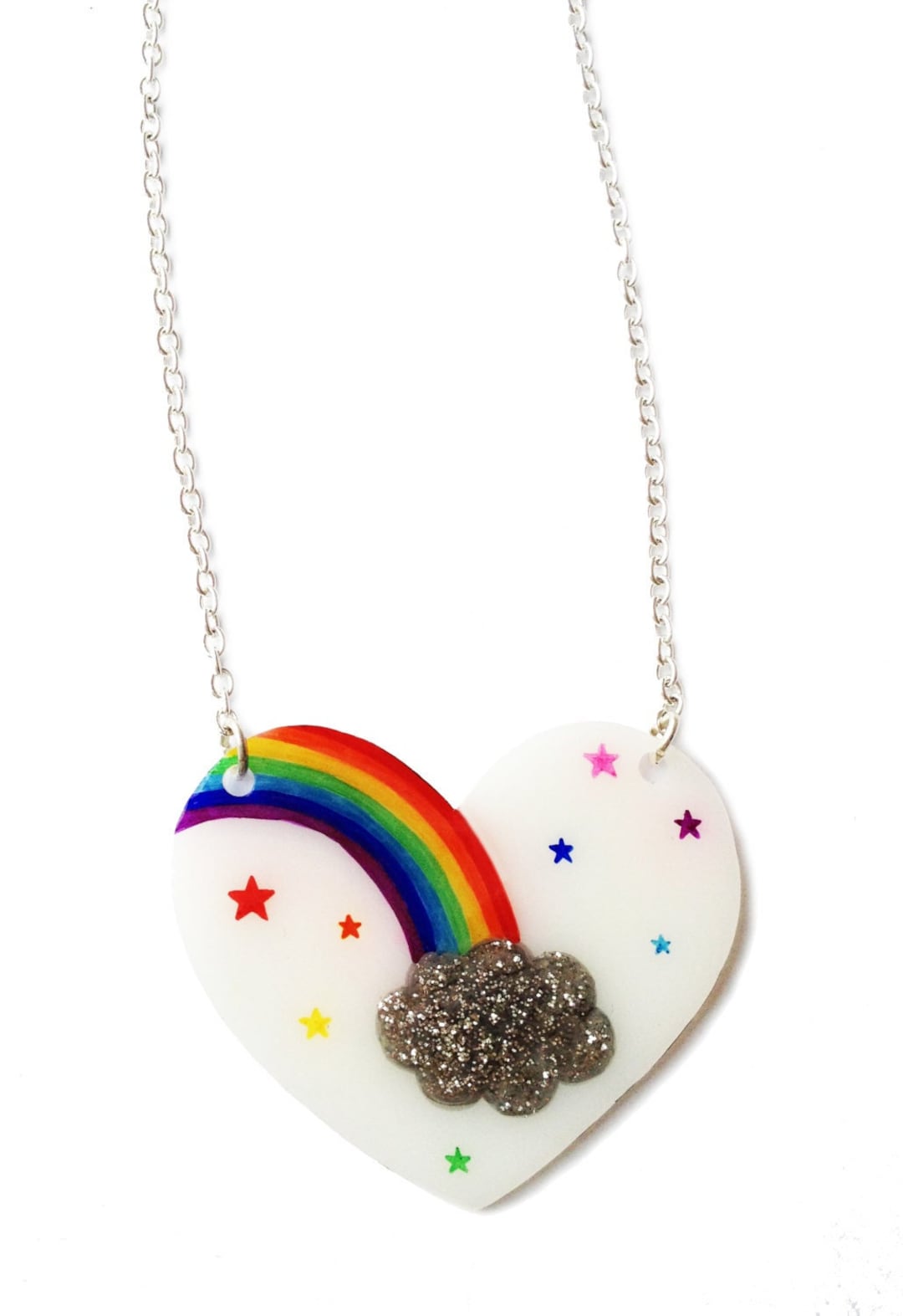 Rainbow Heart Necklace - Colourful Rainbow Stars and Grey Glitter Cloud ...