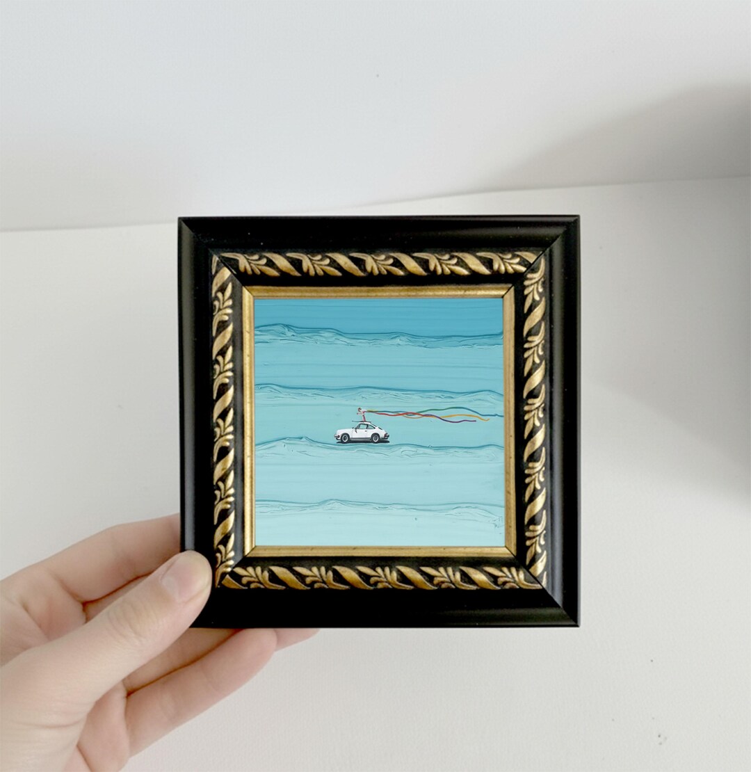 Hand Painted Car Ocean Oil Painting, Small Framed Minimalist Surreal ...