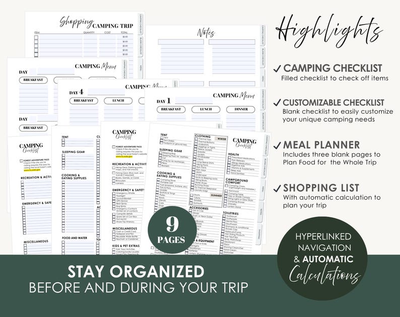 Printable Camping Checklist With Menu Planner PDF Fillable Essential ...