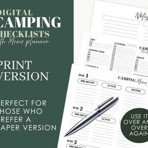 Printable Camping Checklist With Menu Planner PDF Fillable Essential Gear List for Hiking ...