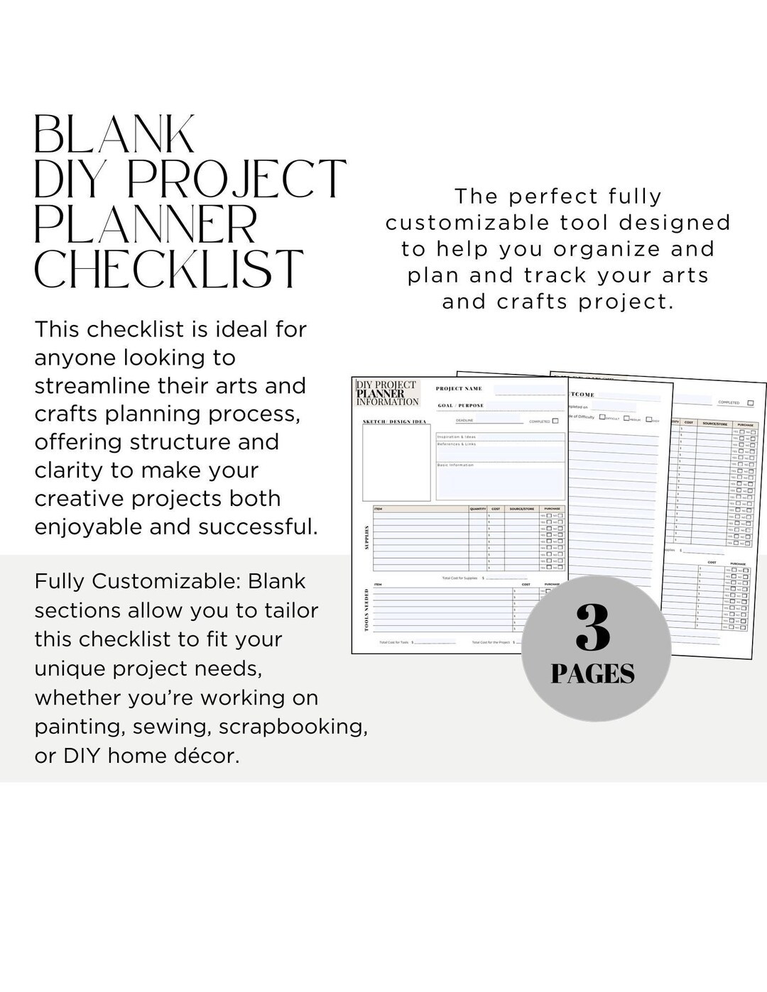 Blank DIY Project Planner & Checklist for Creative Organization, Home ...