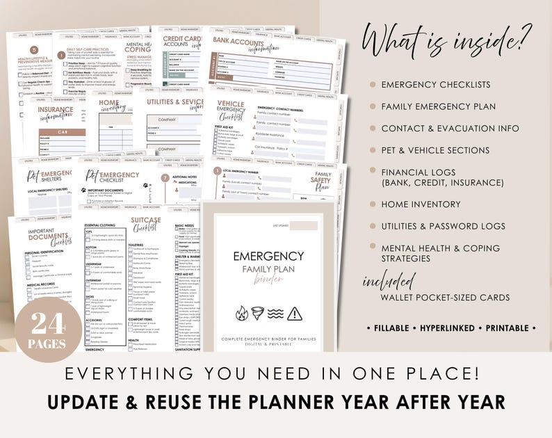 Fillable Family Emergency Plan Binder: Printable PDF With Wallet Cards ...