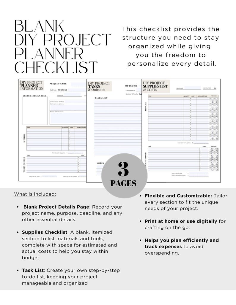 Blank DIY Project Planner & Checklist for Creative Organization, Home ...