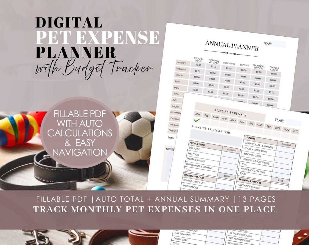 Pet Expense Tracker Fillable PDF Monthly Budget Planner Digital and Printable Pet Expense Log ...