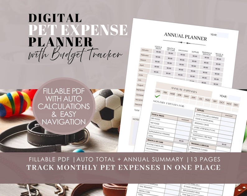 Pet Expense Tracker Fillable PDF Monthly Budget Planner Digital and Printable Pet Expense Log ...