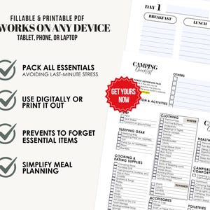 Printable Camping Checklist With Menu Planner PDF Fillable Essential Gear List for Hiking ...