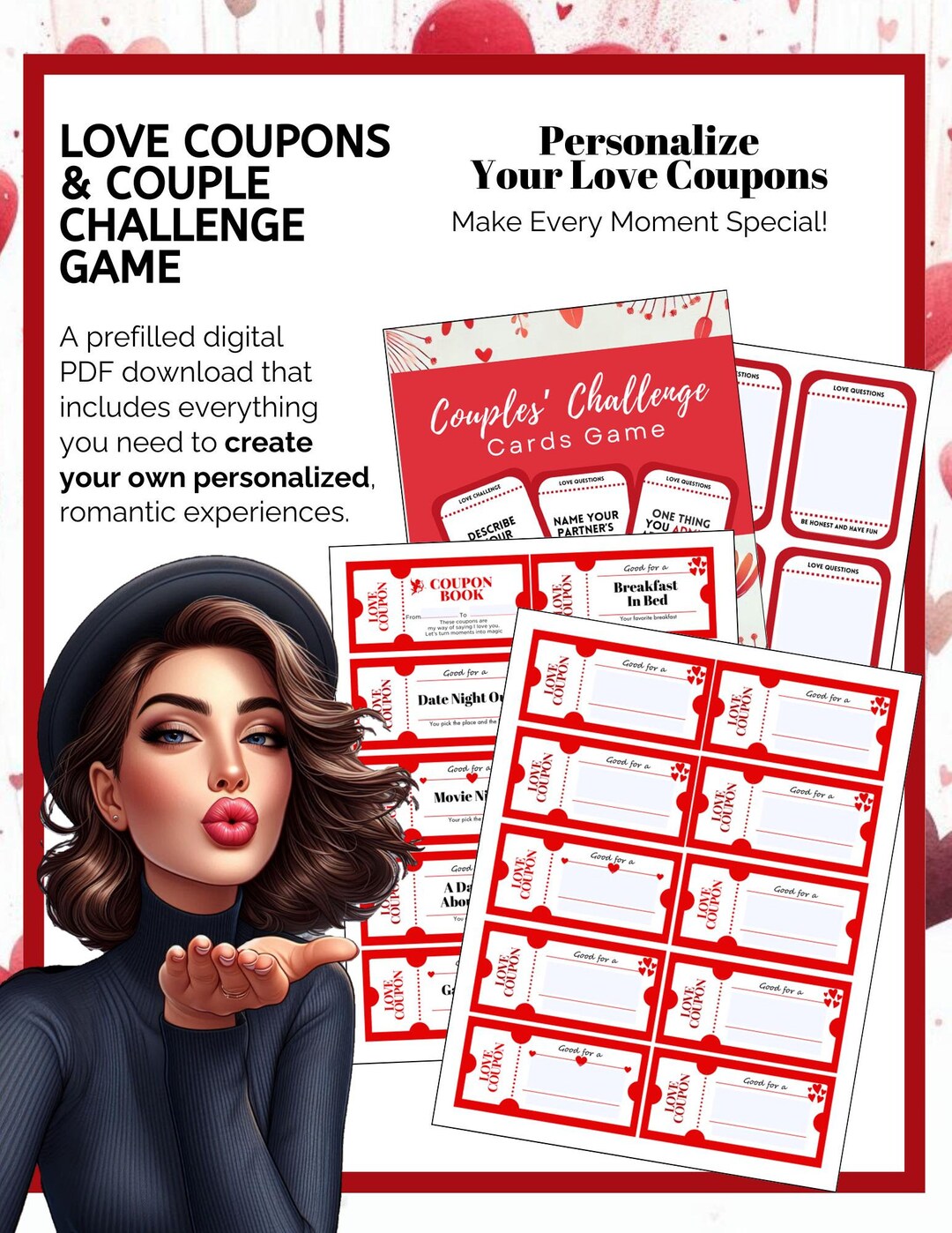 Fillable Printable Love Coupons With Couple Challenge Game, Fun Date ...