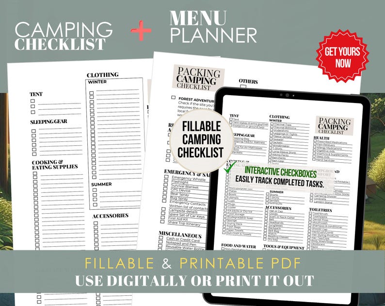 Printable Camping Checklist With Menu Planner PDF Fillable Essential Gear List for Hiking ...