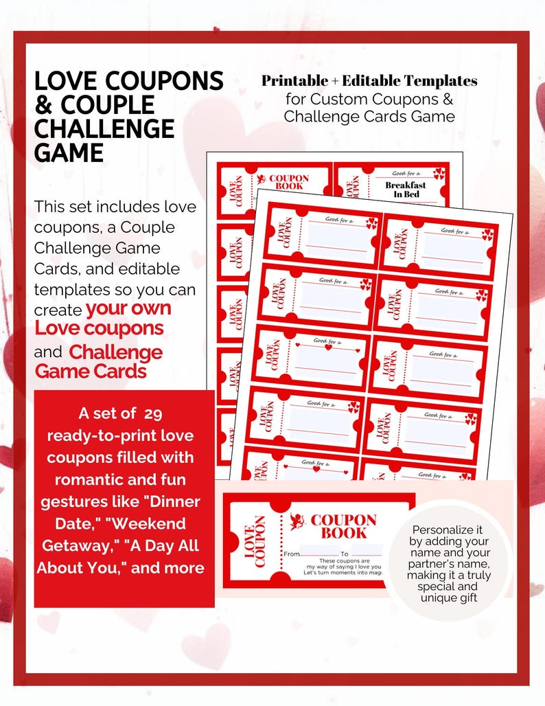 Fillable Printable Love Coupons With Couple Challenge Game, Fun Date ...