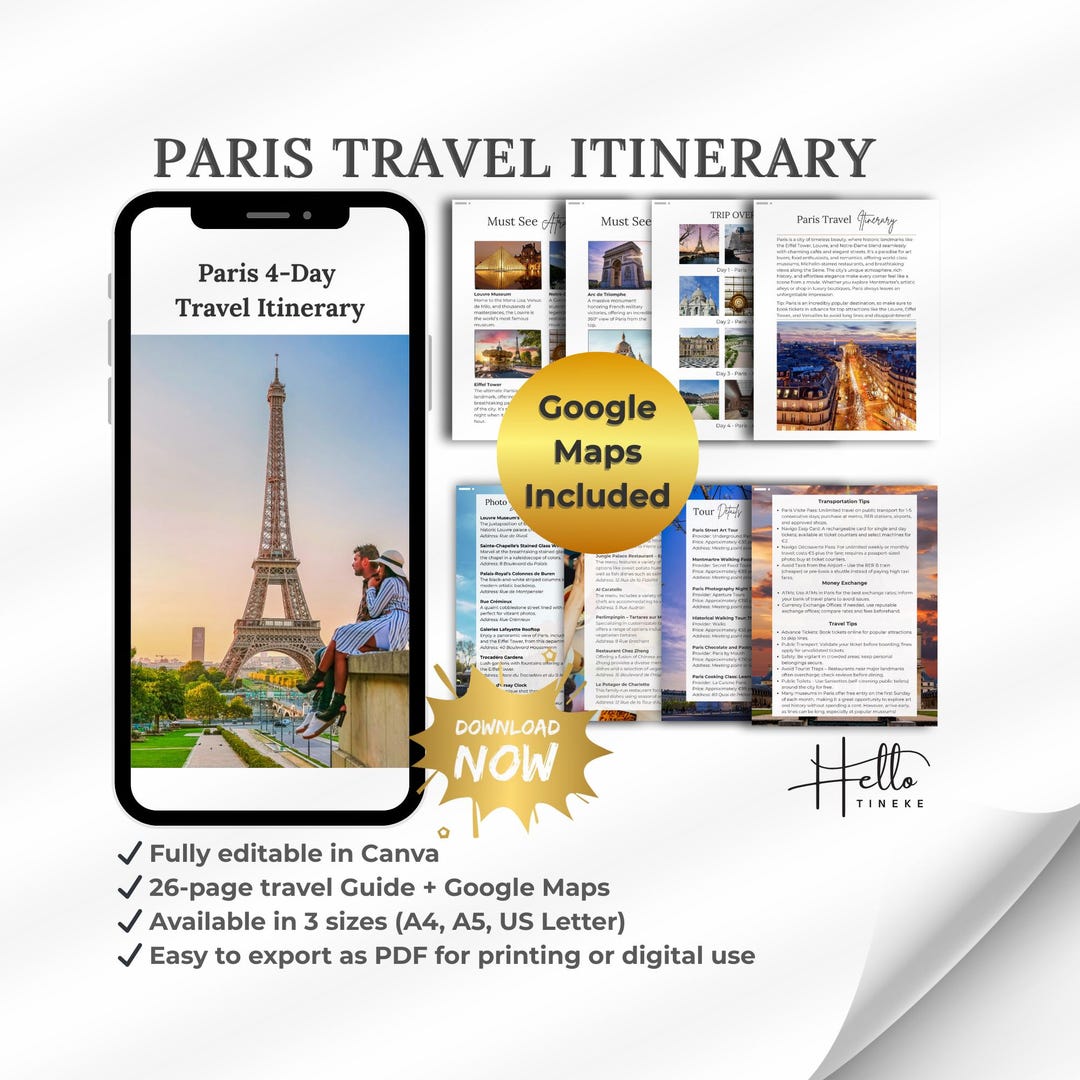 Paris Trip Planner Printable – 4-day Vacation Guide With Google Maps ...