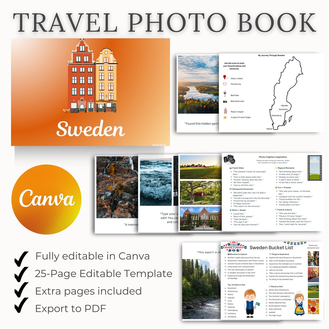Sweden Travel Photo Book | Printable Canva Travel Memory Template ...