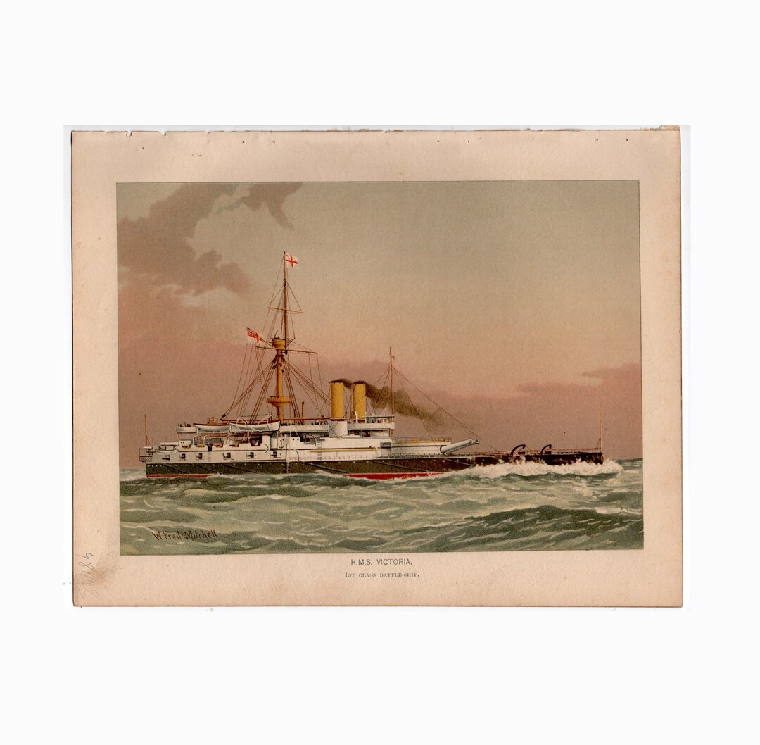 C. 1889 HMS VICTORIA BATTLESHIP Lithograph • Original Antique Print ...