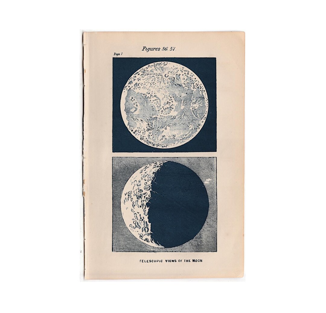 RARE! C. 1850 THE MOON Engraving • Antique Astronomy Print • Cobalt ...