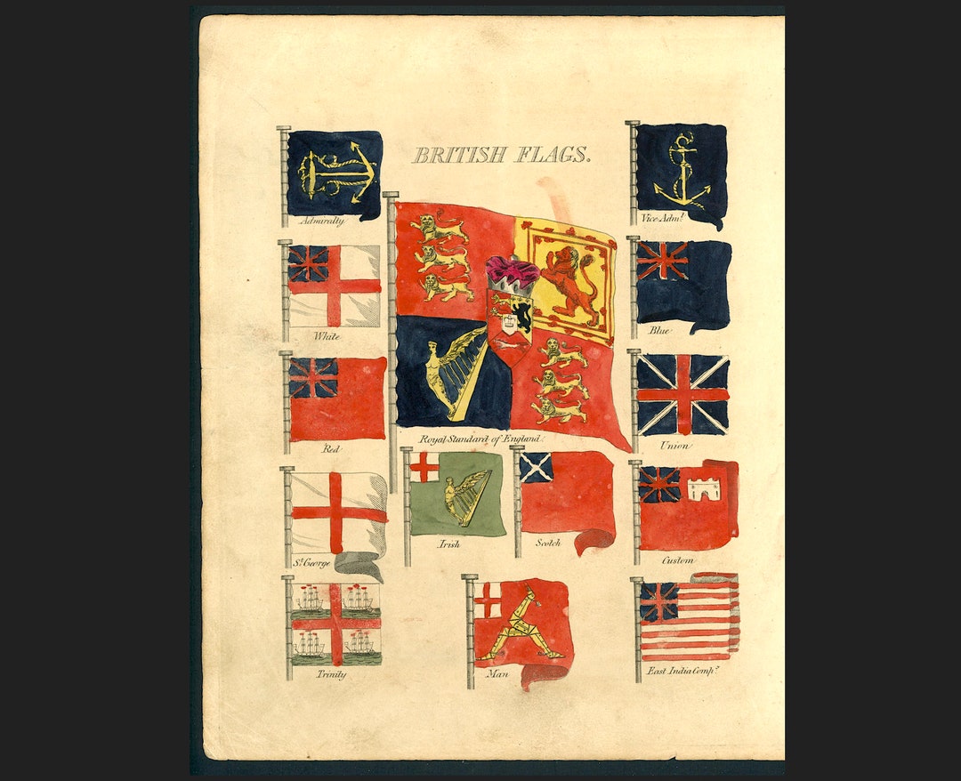 C. 1807 BRITISH FLAGS Engraving • Original Antique Print • English ...