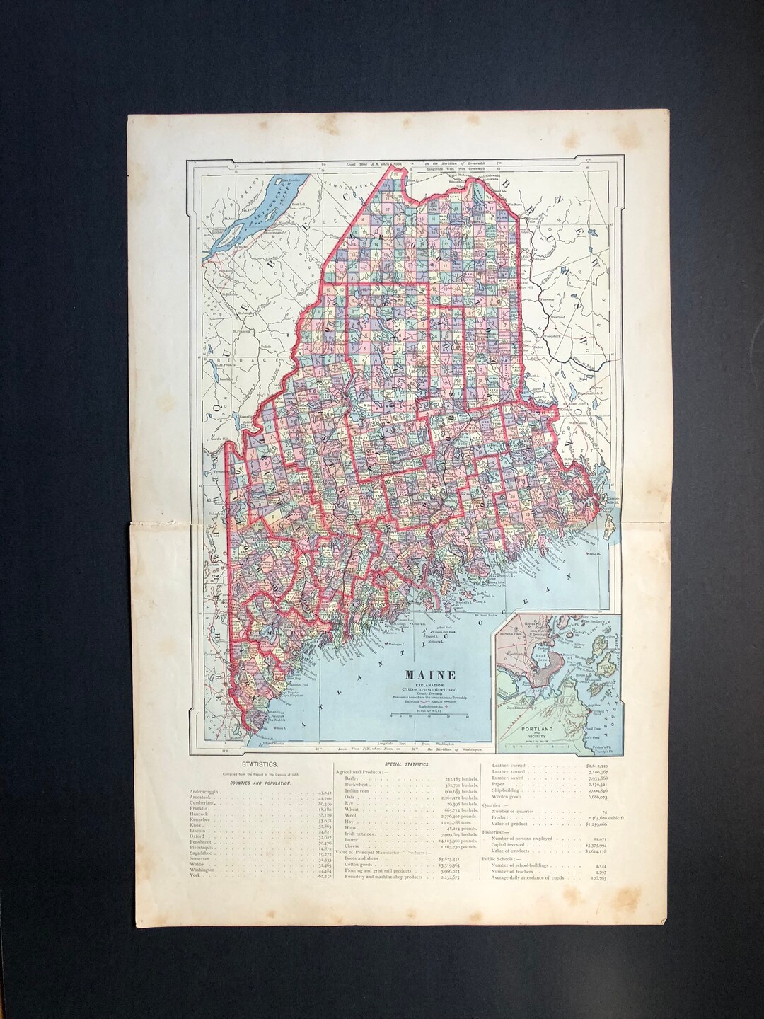 C. 1887 MAINE MAP Lithograph - Original Antique Print - Map of United ...
