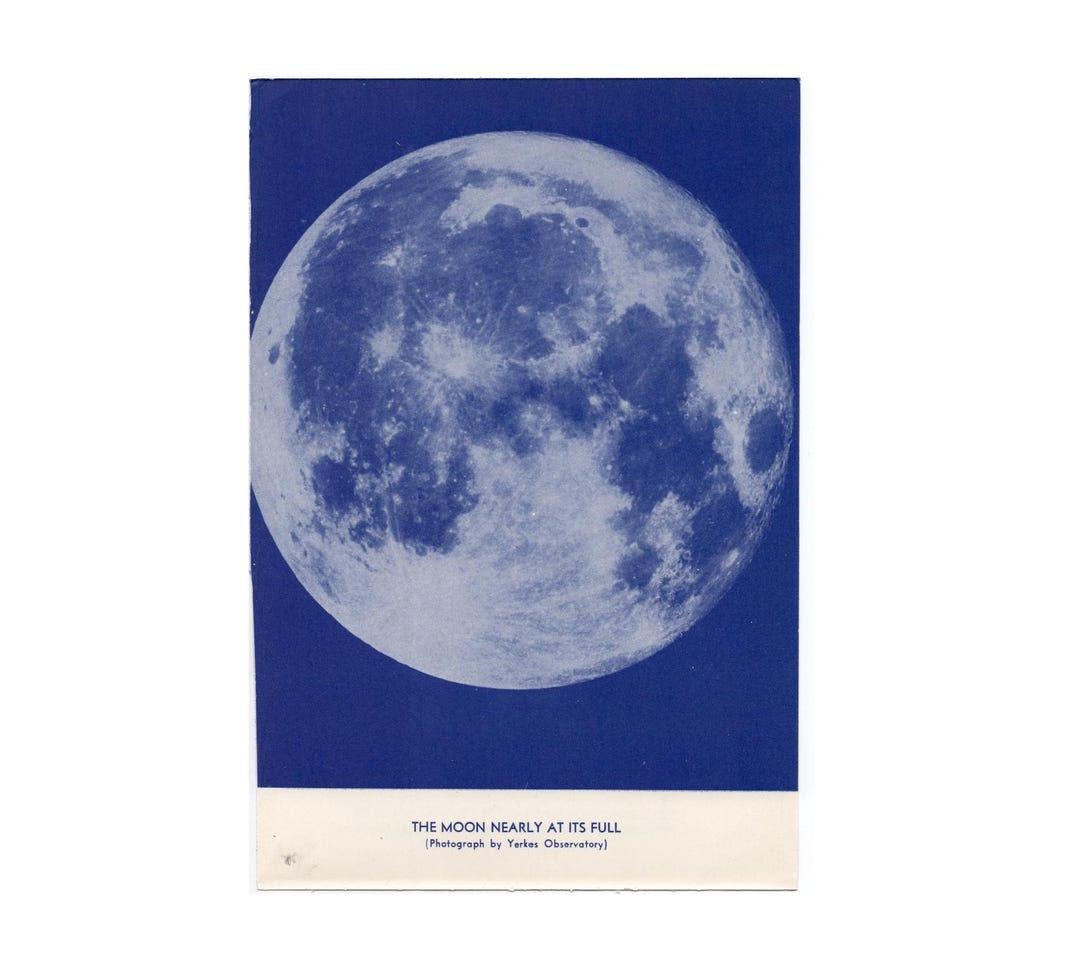 C. 1934 THE MOON Lithograph Original Vintage Astronomy Print Cobalt ...
