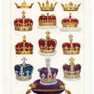 C. 1920's CROWNS of BRITISH MONARCHS Lithograph • Original Antique ...