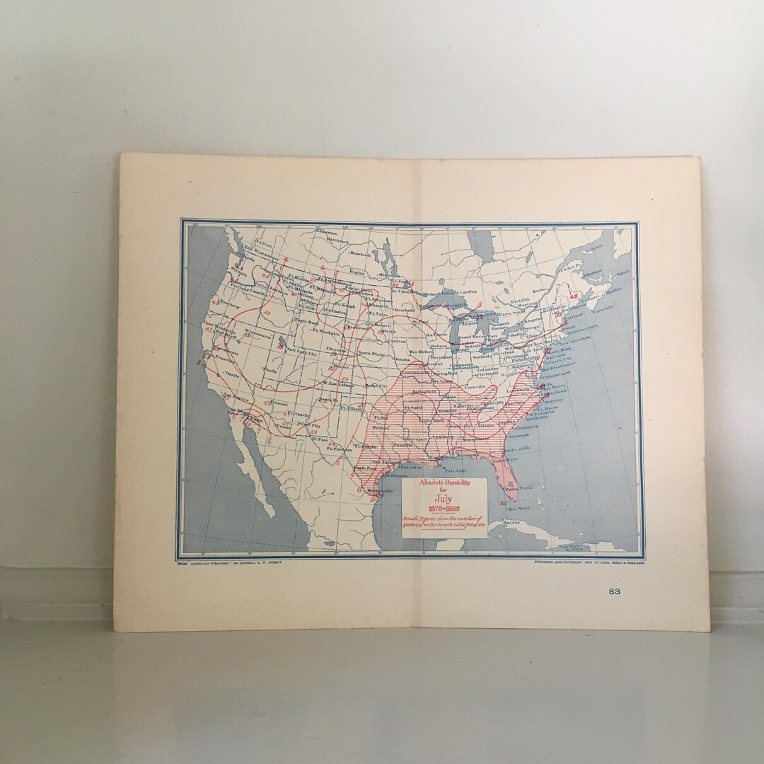 C. 1893 HUMIDITY CLIMATE MAP - Humidity in July - Antique Lithograph ...