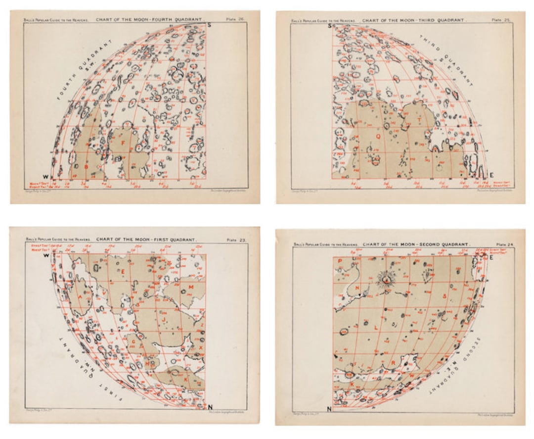 C. 1910 MOON CHART Lithographs • Set of 4 Original Antique Prints ...
