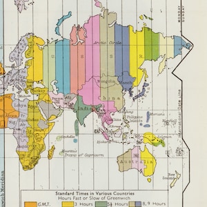 C. 1955 STANDARD TIME MAP • Original Vintage Print • World Map ...