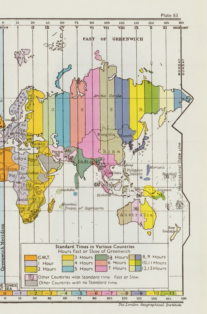 C. 1955 STANDARD TIME MAP • Original Vintage Print • World Map ...