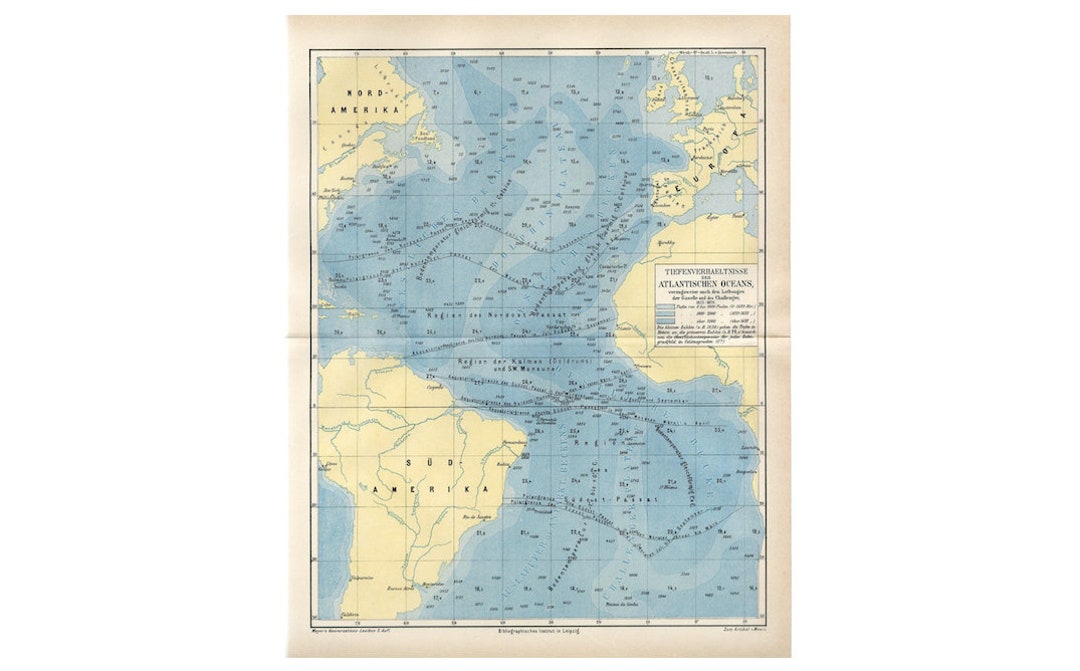 C. 1889 ATLANTIC OCEAN Map • Original Antique Print • Ocean Print ...