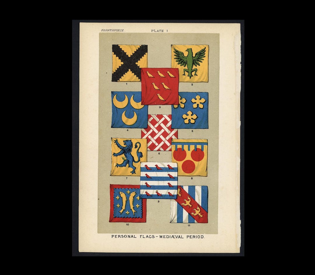 C. 1897 MEDIEVAL FLAGS Lithograph • Original Antique Print • Flags of ...