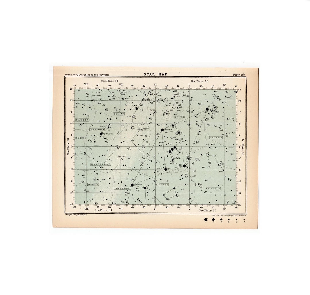 C. 1910 STAR MAP Lithograph • Original Antique Print • Celestial Print ...